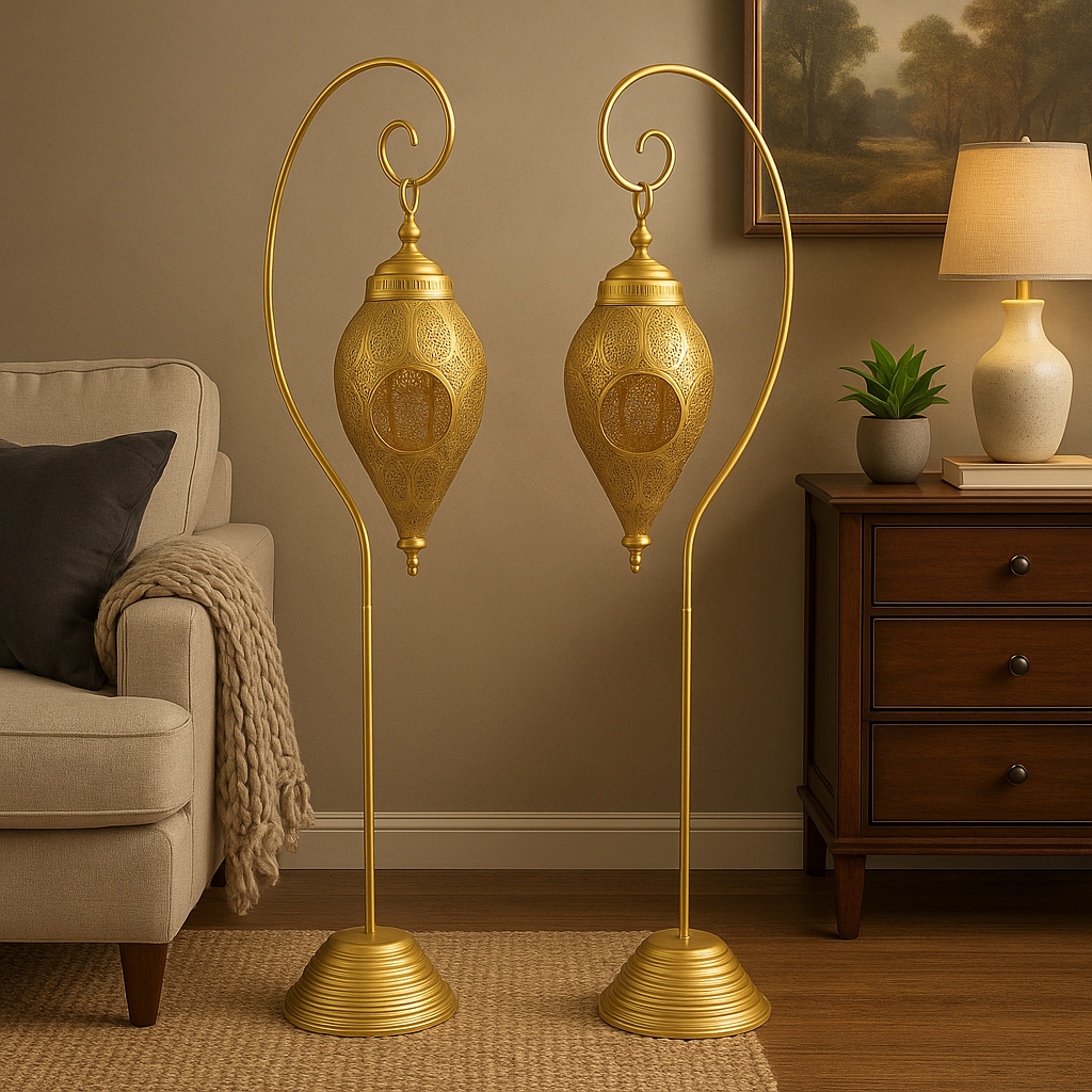 Luxury Golden Hanging Lantern Pair – Decorative Moroccan Style Floor ...