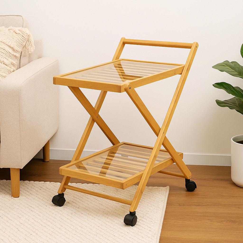 Premium Wooden Folding Tea & Serving Trolley with Glass Shelves – 2 ...